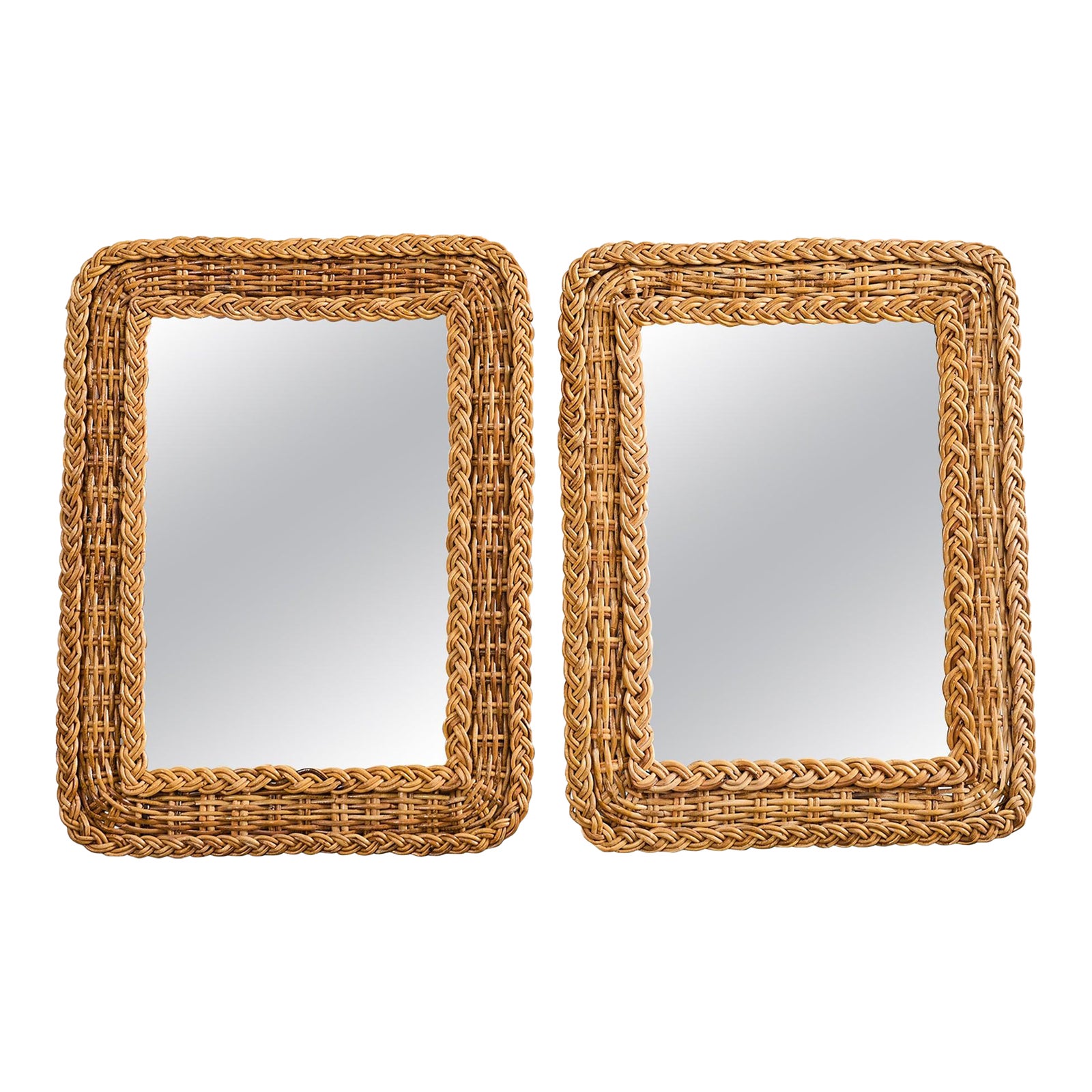 Pair of Organic Modern Rattan Wicker Wall Mirrors | Chairish