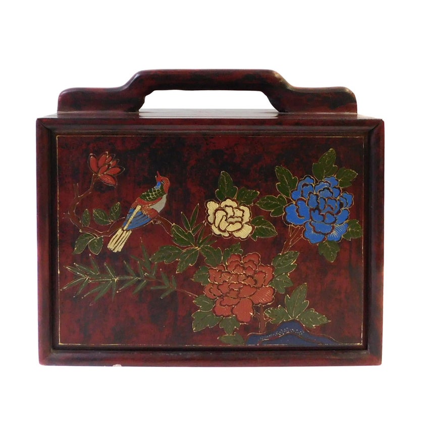 Brown Lacquer Wood Box With Colorful Graphic | Chairish