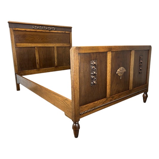 Vintage French Style Oak Double Bed Frame with Carved Headboard | Chairish