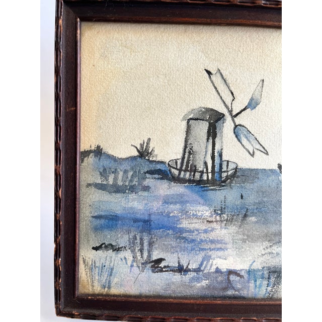 Early 20th Century Framed Delft Blue Windmills Original Watercolor ...