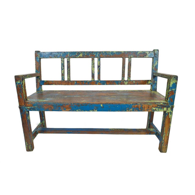 Vintage Blue & Green Painted School Bench | Chairish