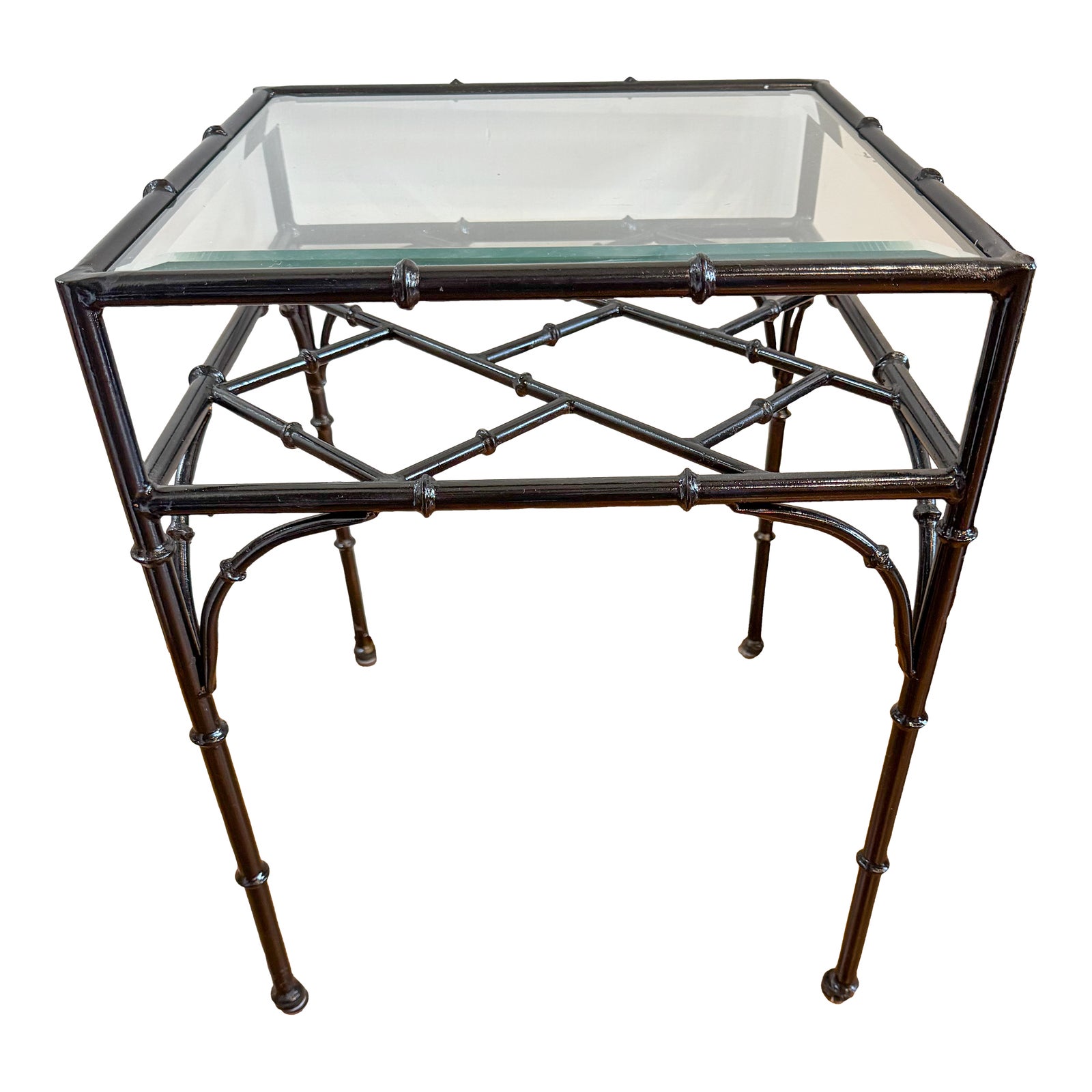 1970s Black Painted Metal Faux Bamboo and Glass Top End Table | Chairish