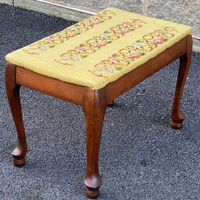 Solid Cherry Queen Anne Footstool With Needlepoint Seat | Chairish