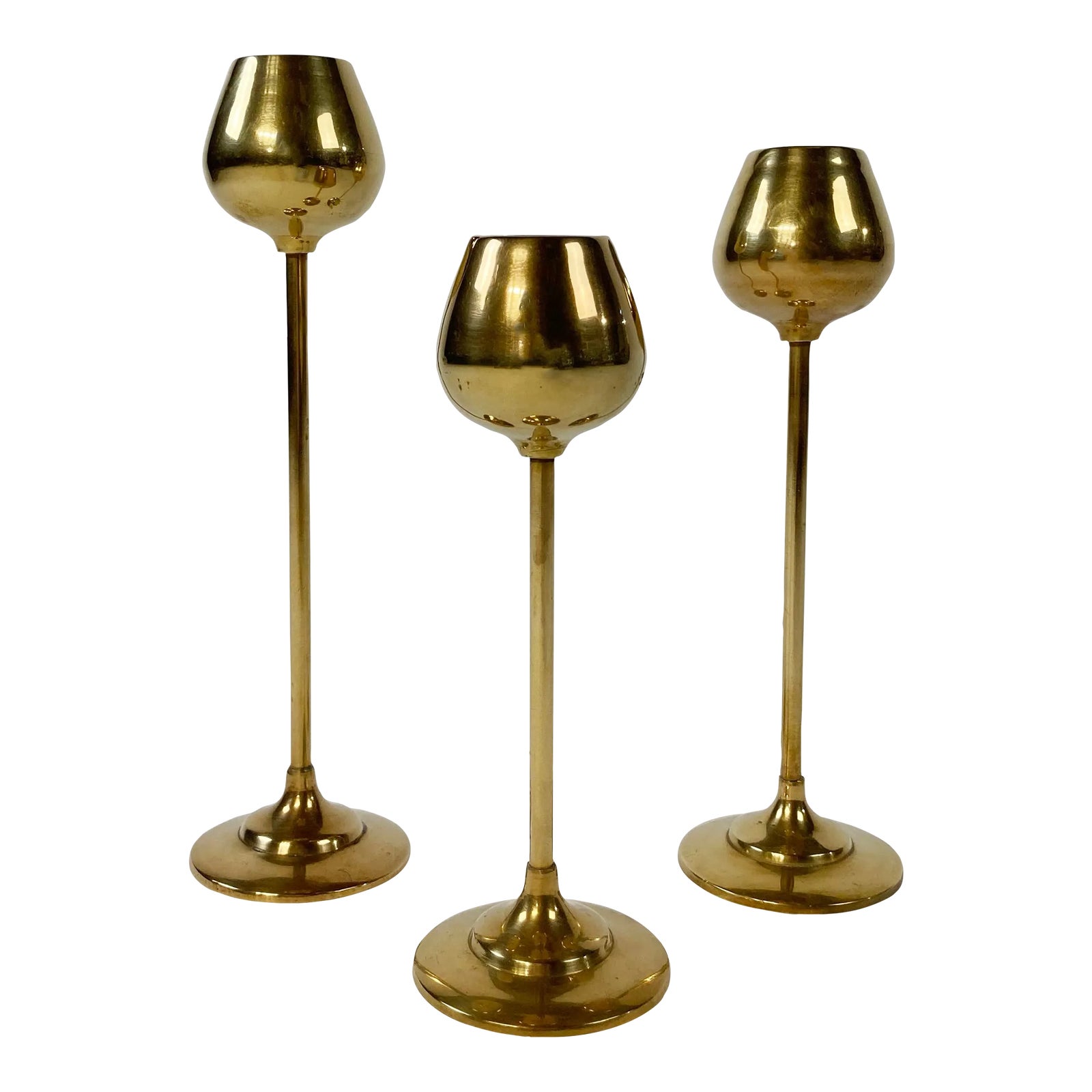 Vintage Graduated Brass Cup Candlestick Holders, Set of 3 | Chairish
