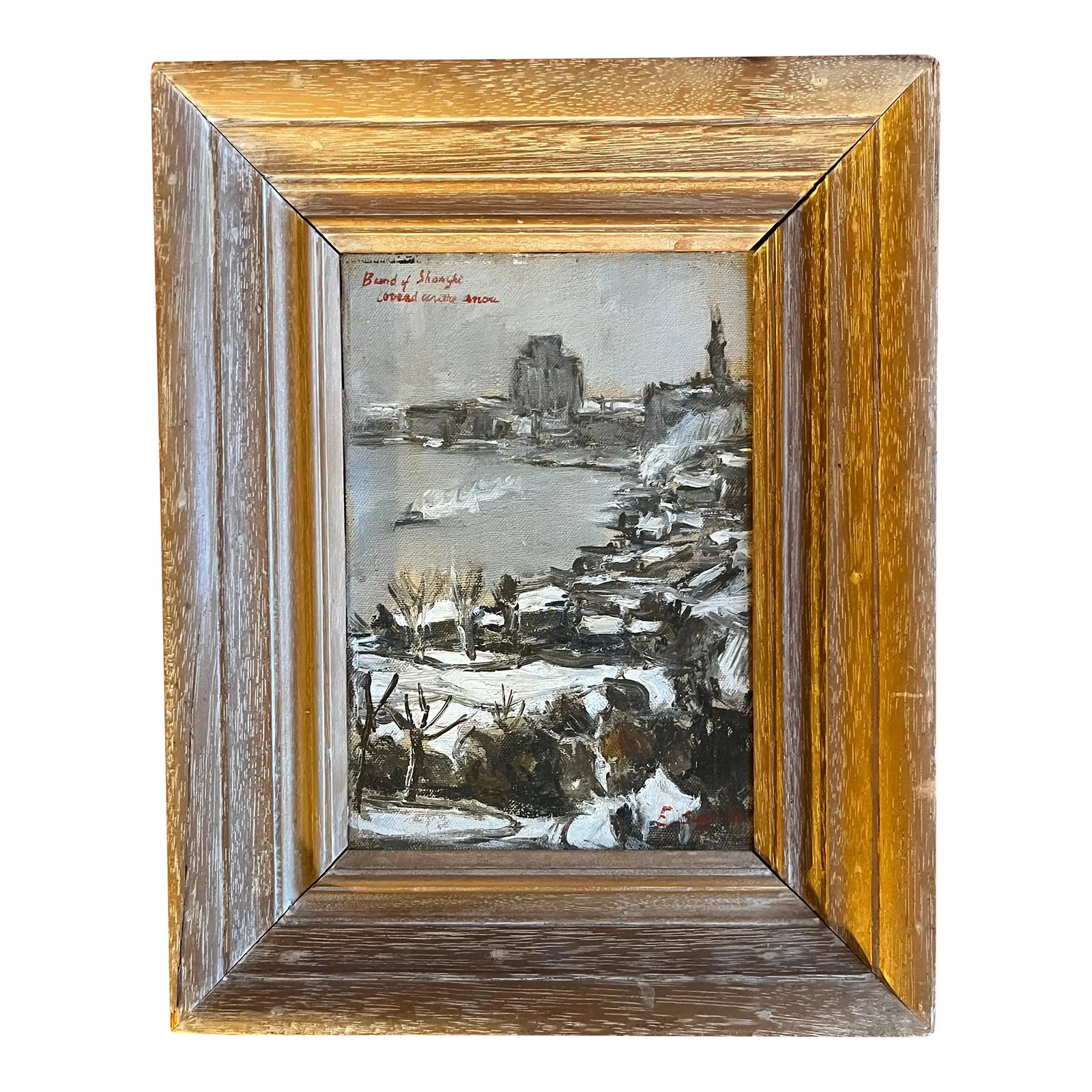 1930's Impressionist Winter Snow Scene Oil Painting on Canvas "Bund of ...