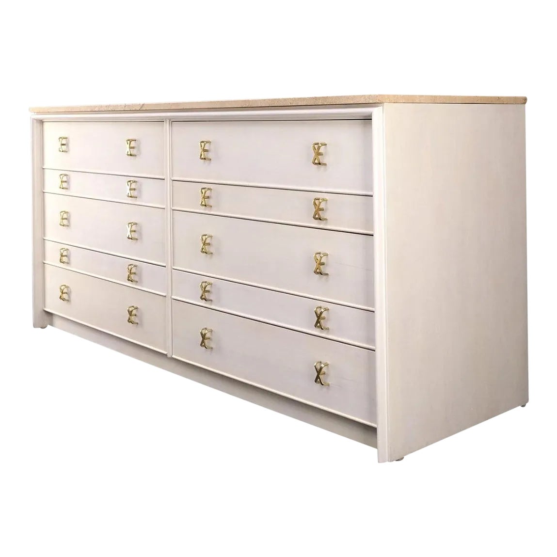 Paul Frankl for Johnson White Wash Marble Top 10 Drawers Dresser Brass ...