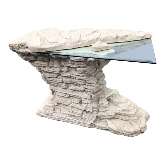 Vintage Hollywood Regency Faux Stone Rock Console Table | Chairish