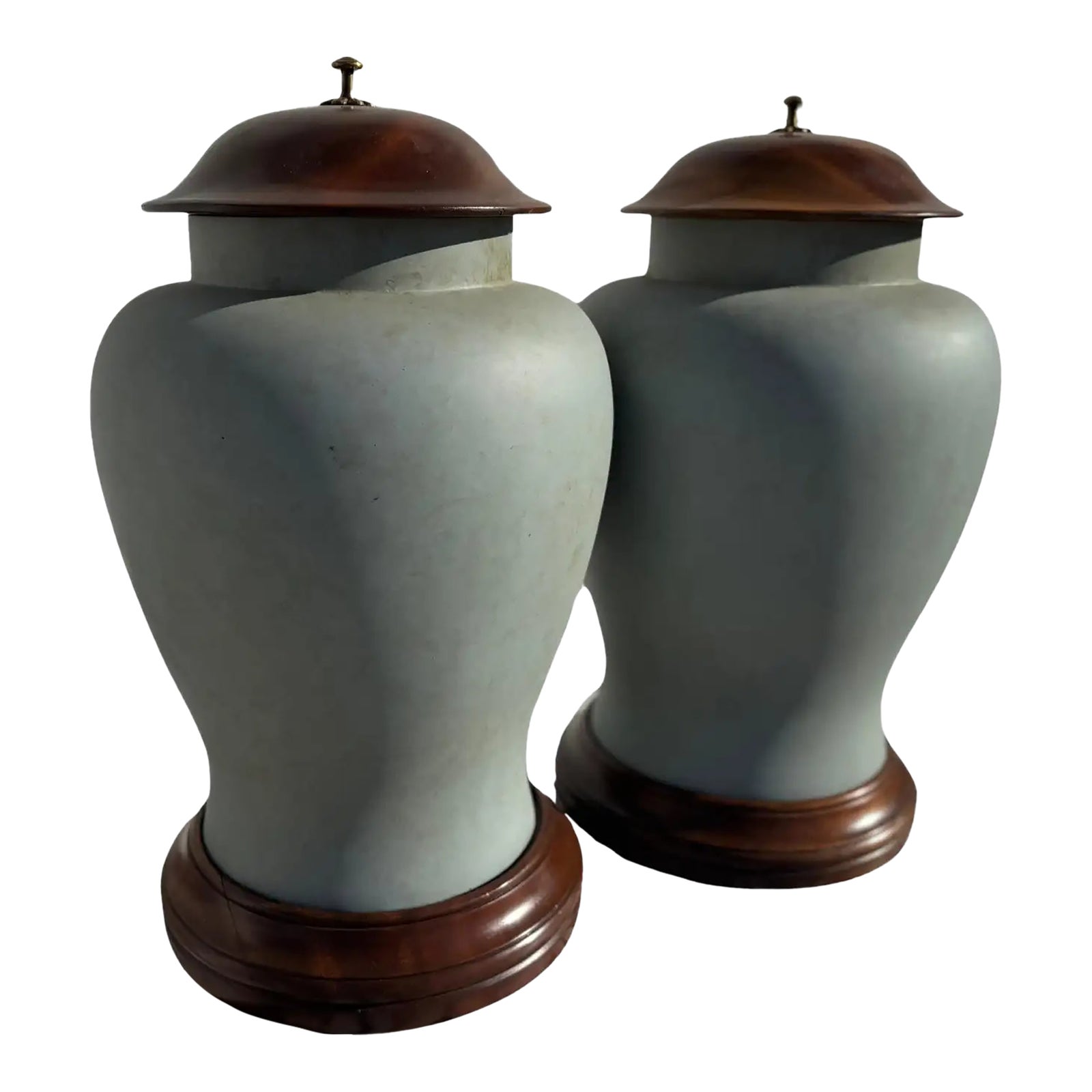 Pair of Wood and Heavy Plastic Urns | Chairish