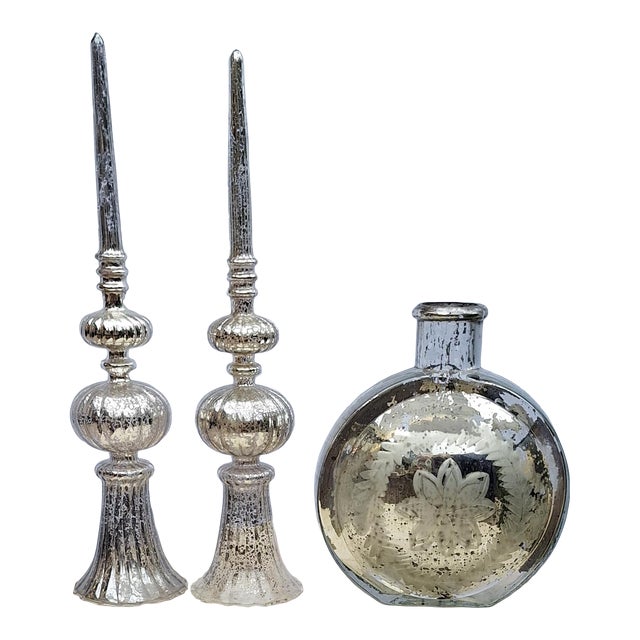 Vintage Mercury Glass Pottery Barn Vase and Finial Pair - Set of 3 ...
