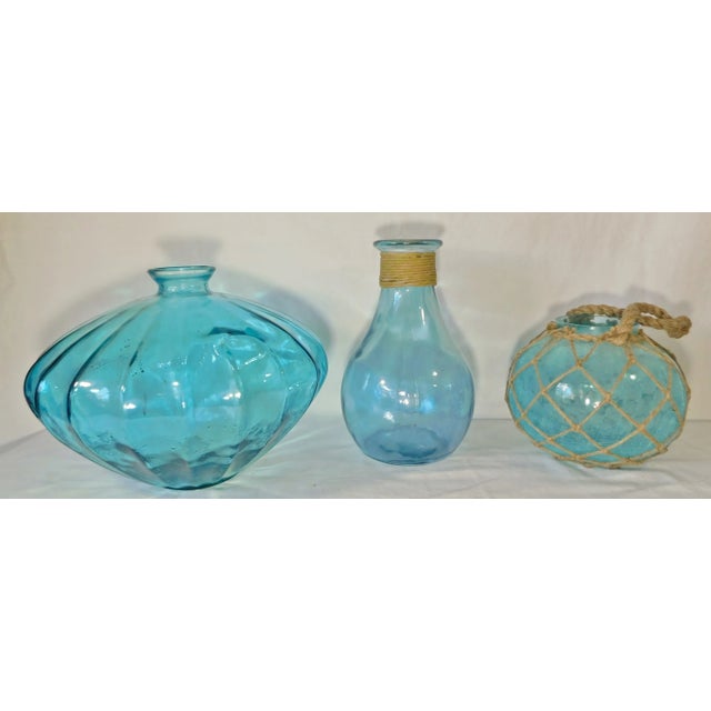 Large Vintage Decorative Ornate Shaped Blue Glass Vases W/ Rafia ...