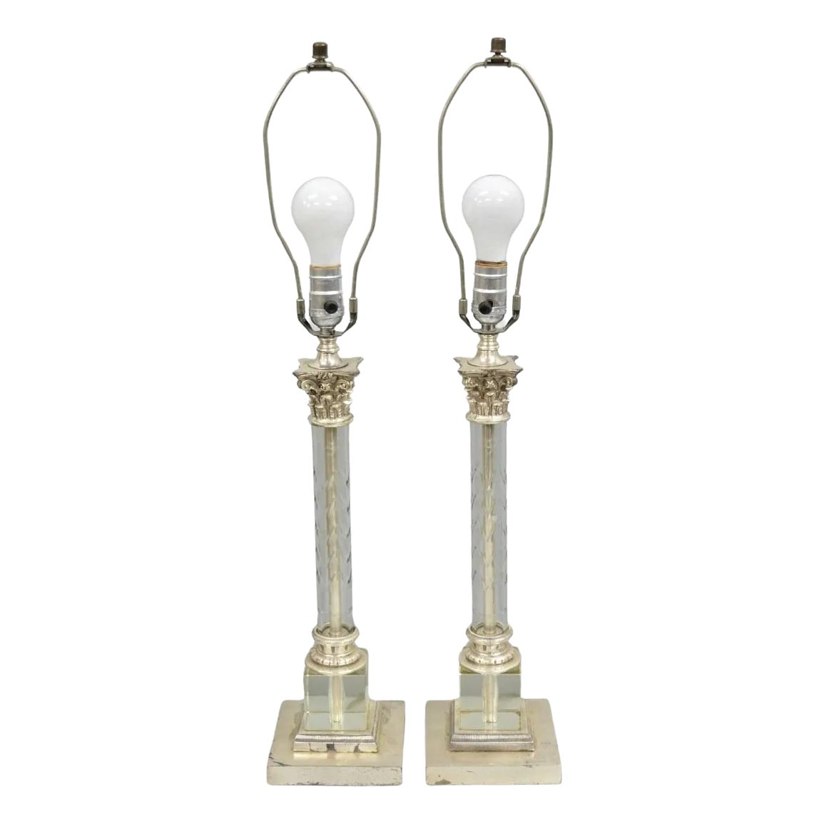 Antique French Empire Nickel Silver Glass Corinthian Column Table Lamps ...