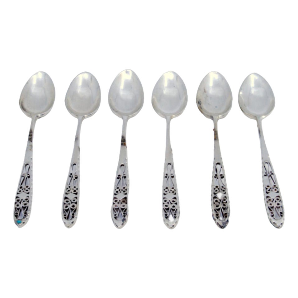 Silver Coffee Spoons with Filigree Cut Handles, Set of 6 | Chairish