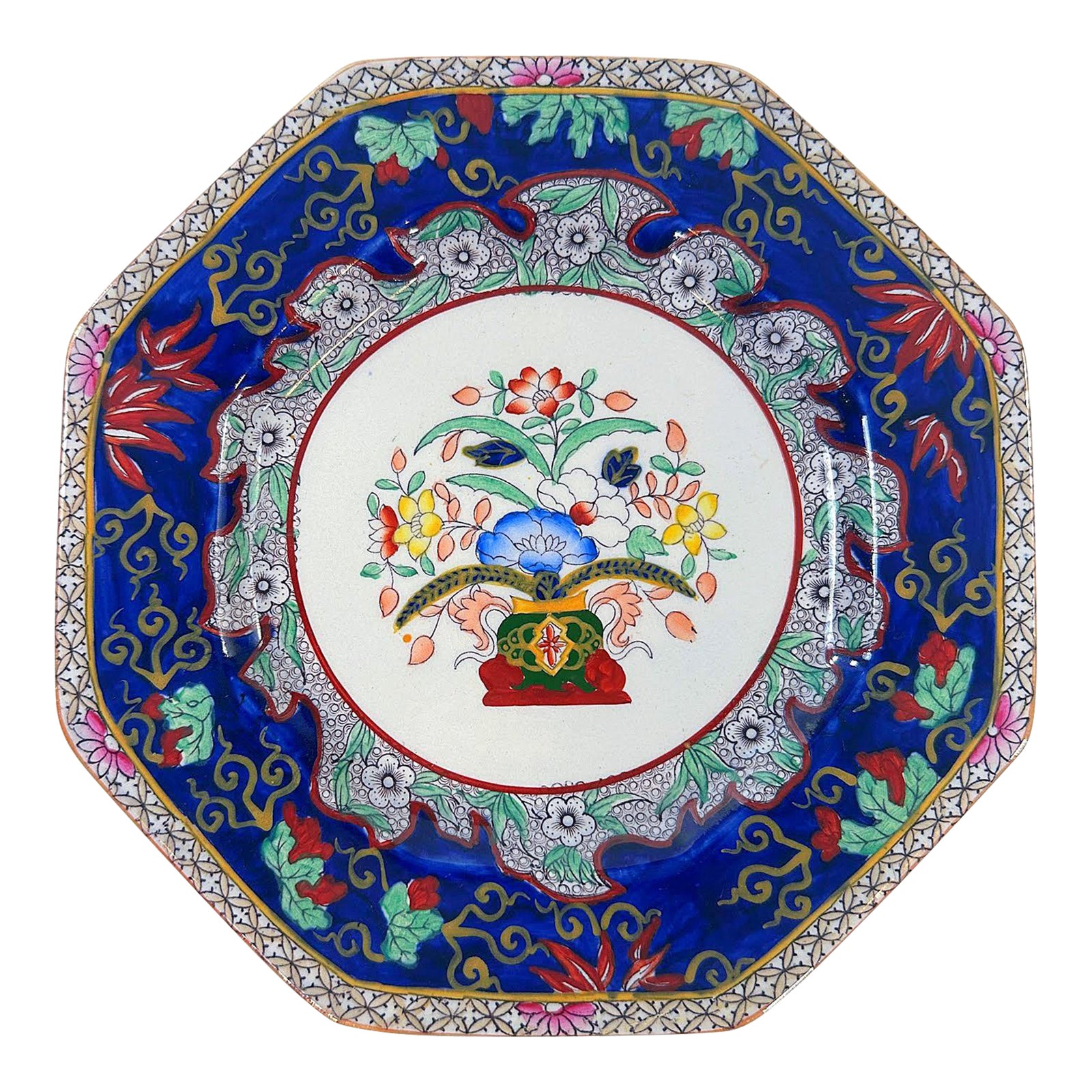 19th Century Mason's Ironstone Lapis Ground Floral Octagon Plate | Chairish