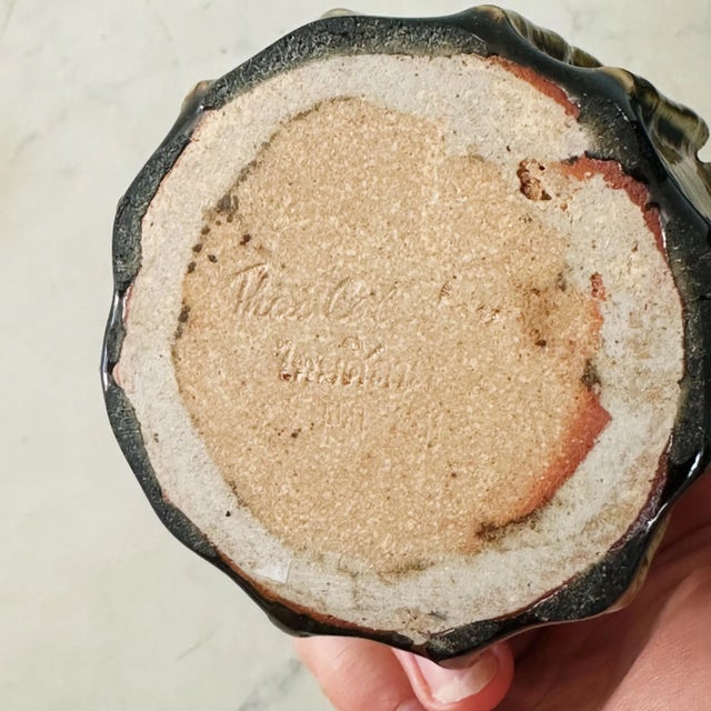 Mid-Century Pottery Lidded Crown Jar in Green Ochre Glaze | Chairish