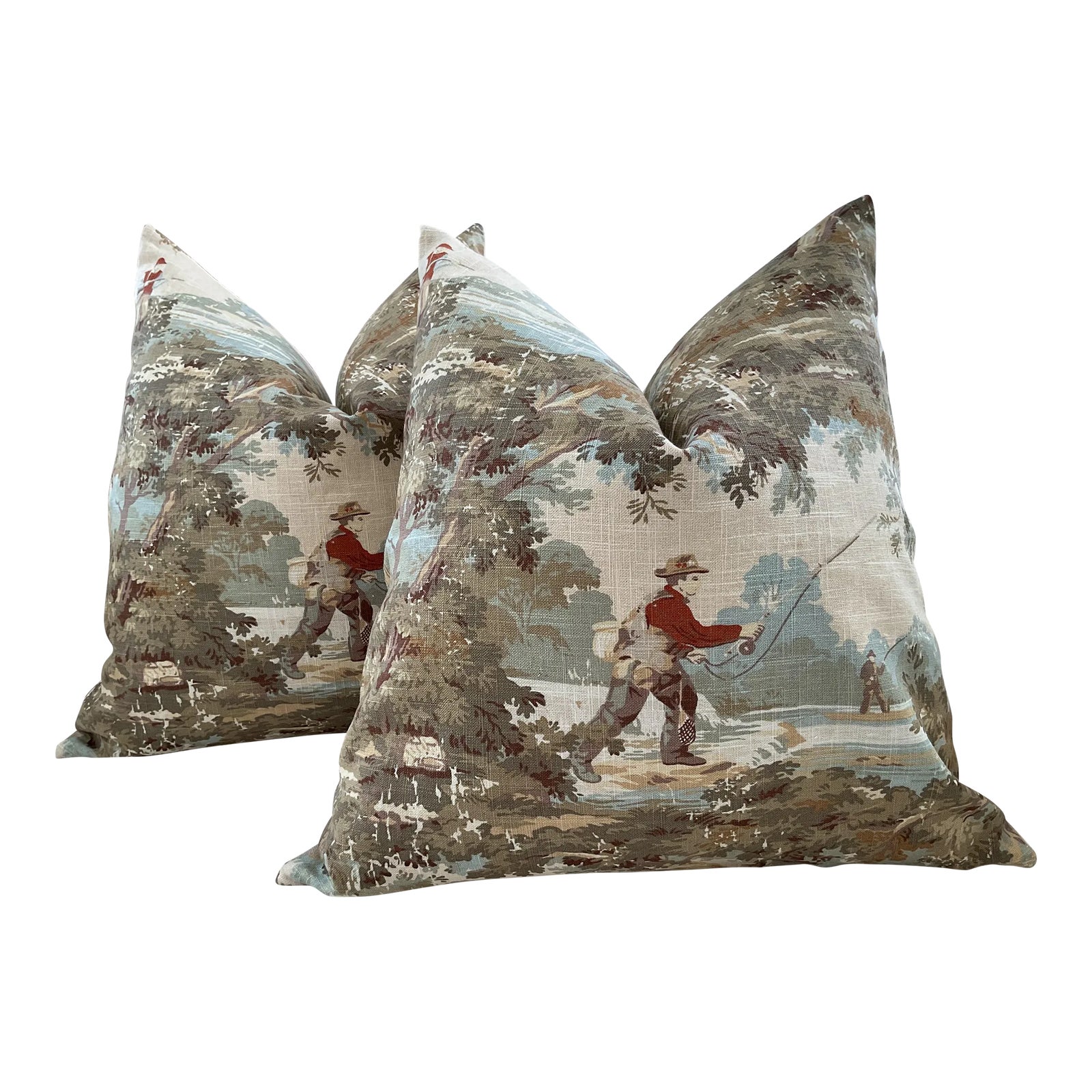Avondale Vintage Fishing Toile-Pair of Down Filled Pillows | Chairish