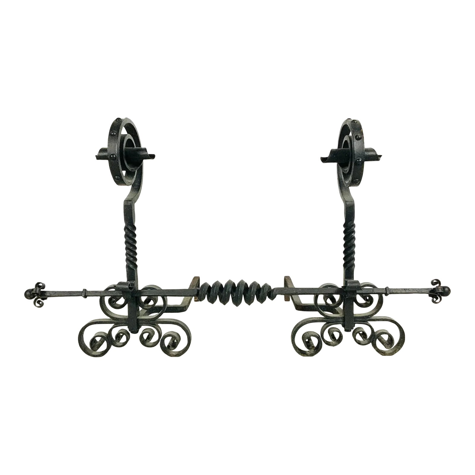 Antique Hand-Forged Gothic Revival Andirons With Crossbar- 3 Pieces ...
