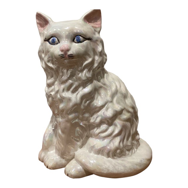 Vintage Large White 1980s Ceramic Persian Cat Statue Figurine With Blue ...