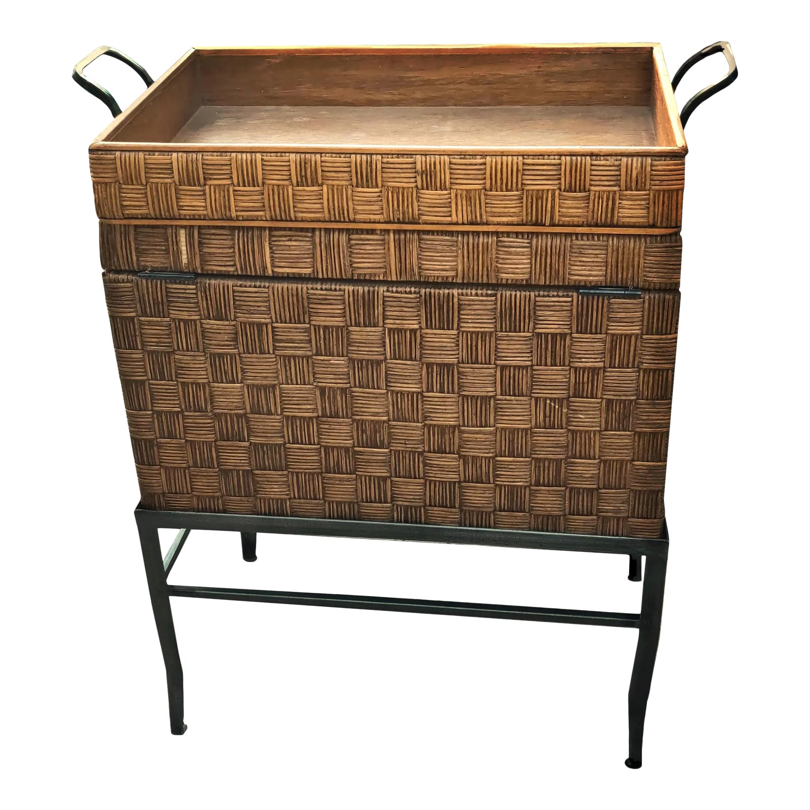 Crosshatched Wicker Reed Wrapped Hinge Lidded Keepsake Box on Metal ...