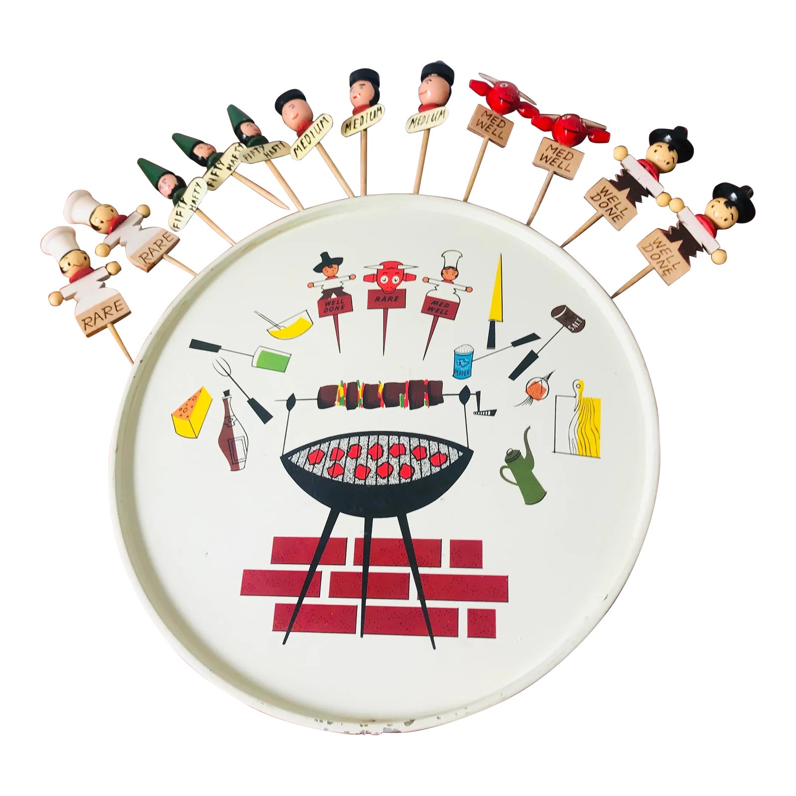 Mid Century Modern Kitschy Lithograph Metal Bbq Platter and Wood Meat ...