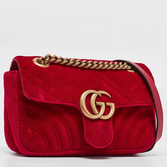 Gucci Red Matelasse Velvet Mini Gg Marmont Shoulder Bag | Chairish