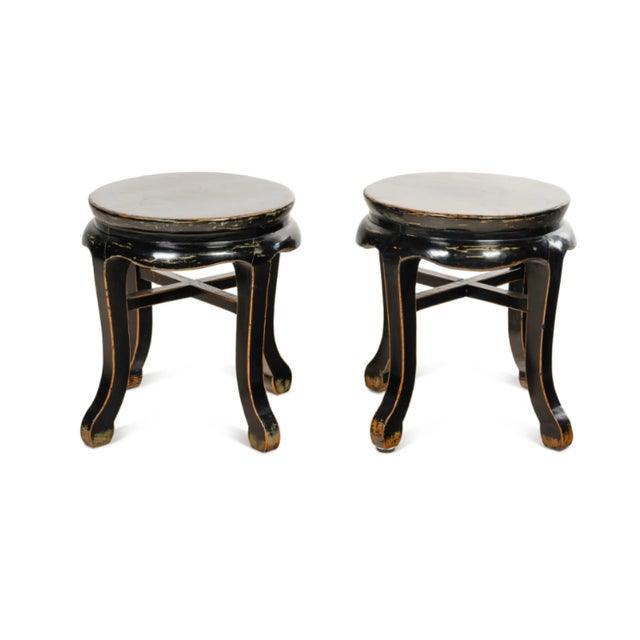 Chinese Mirror Black Lacquer Round Stools - a Pair | Chairish