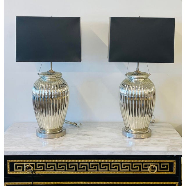 Pair of Mid-Century Modern Silver Table Lamps, Mercury Glass, Brass ...
