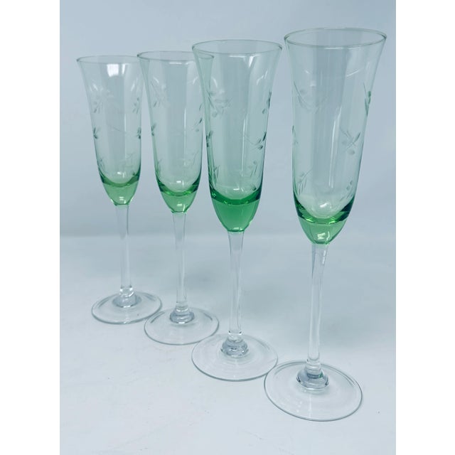 Vintage Green Colored Glass Champagne Flutes With Etched Floral Leaves ...