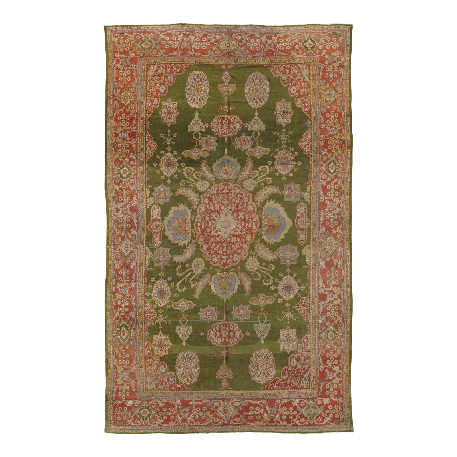 Antique Persian Sultanabad Green, Coral-Red, Light Blue, Gold & Ivory ...