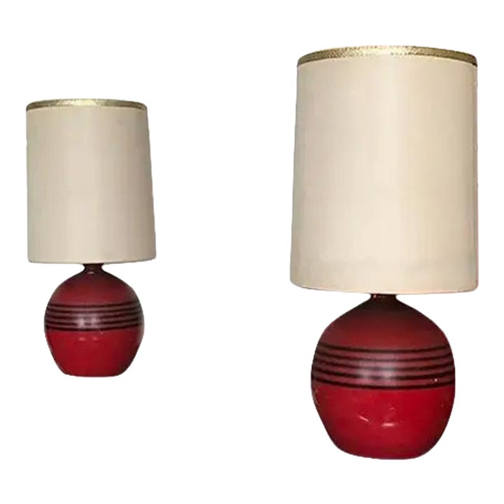 Mid-Century Modern Red & Black Striped Table Lamps - a Pair | Chairish