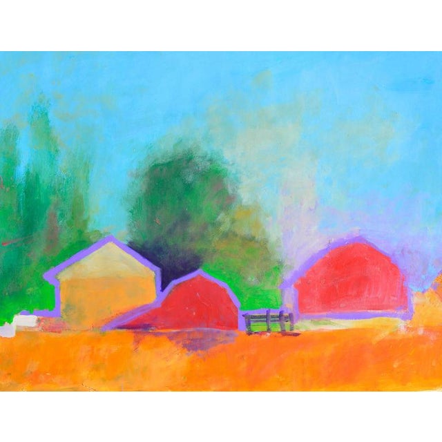 1980s "Bright Country Barns" Abstract Landscape Oil Painting | Chairish