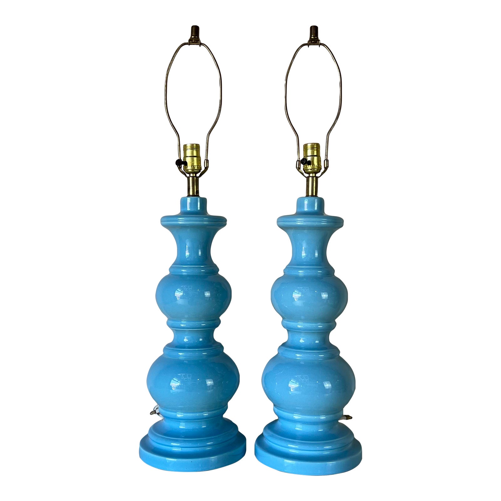 70's Hollywood Regency Blue Ceramic Glaze Table Lamps - a Pair | Chairish