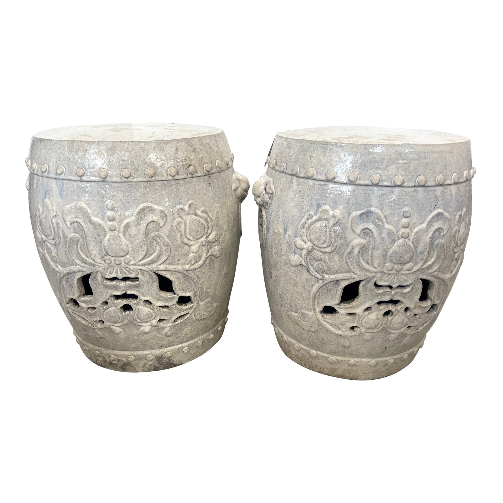 Pair Old Large Chinese Off-White Glazed Terracotta Garden Stools | Chairish