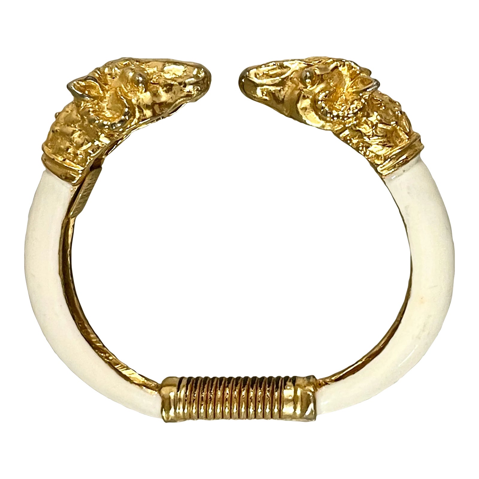 Donald Stannard Gold Ram's Head White Enamel Cuff | Chairish