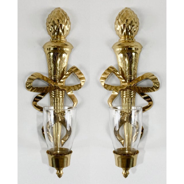 Large Vintage Brass Ribbon Torch Wall Candle Sconces, a Pair | Chairish