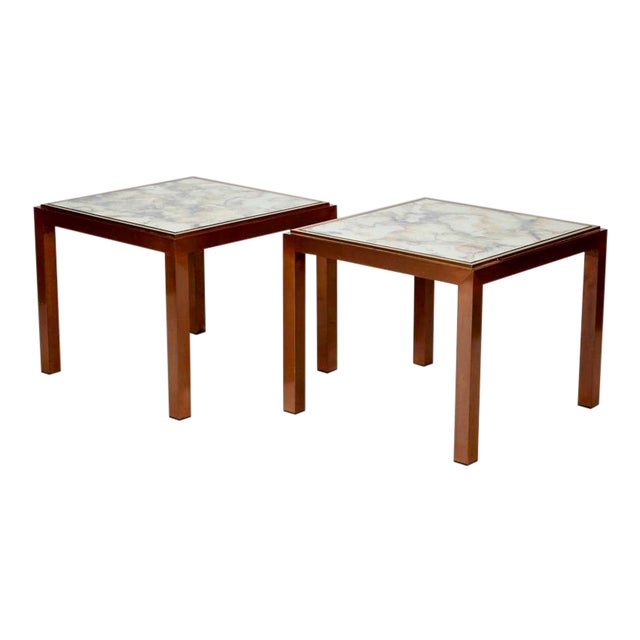 Mid-Century Square Bronze Metal Side Tables with Marbelized Mirror Tops ...