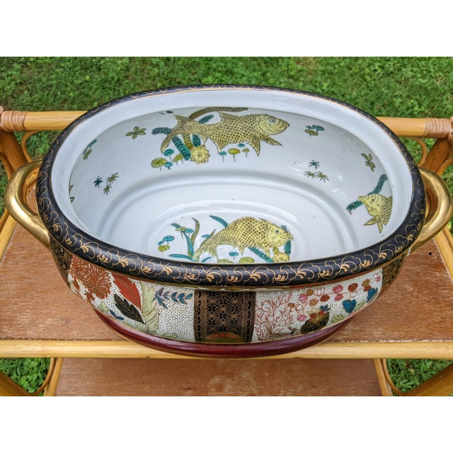 Fine Chinese Famille Noir Porcelain Foot Bath Jardiniere Cachepot W/Coy ...