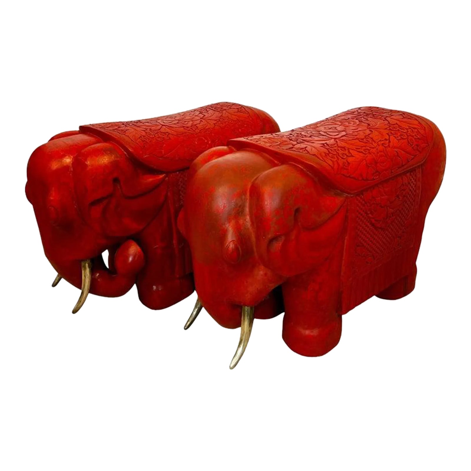 Mid 20th Century Red Cinnabar Hand Carved Asian Elephants with Brass ...