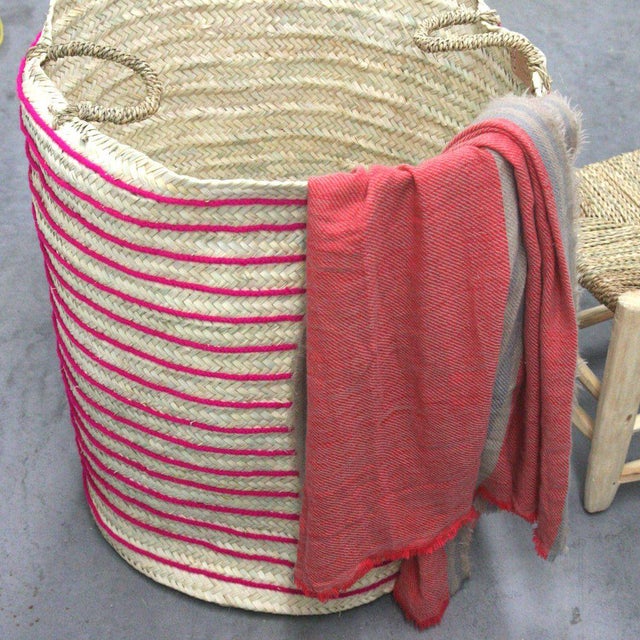 Moroccan Fuchsia Straw Hamper | Chairish