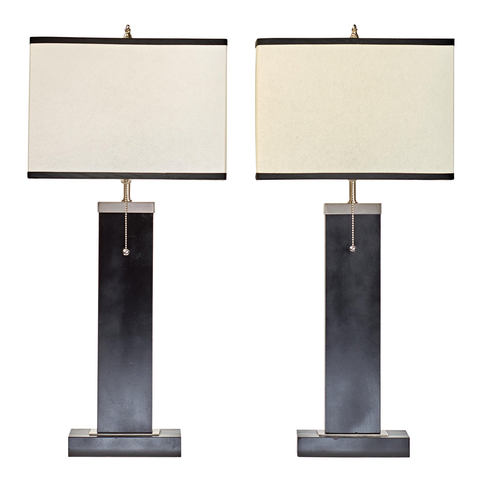 1980s Pair of Black and Chrome Table Lamps With Cream Rectangular ...