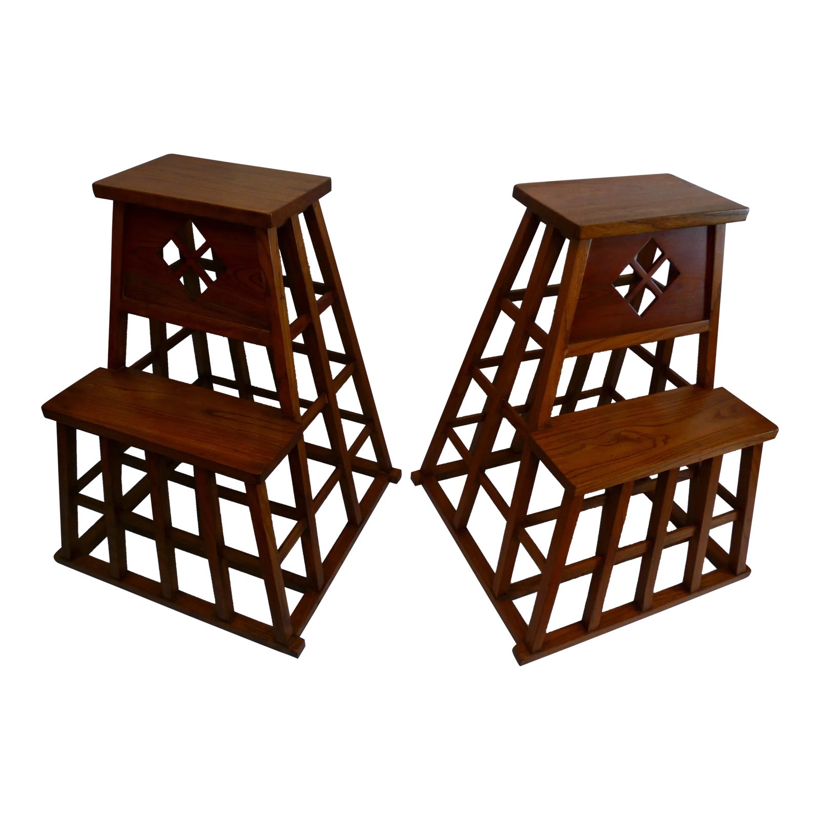 Japanese Mid Century Elm Step Ladders - a Pair | Chairish