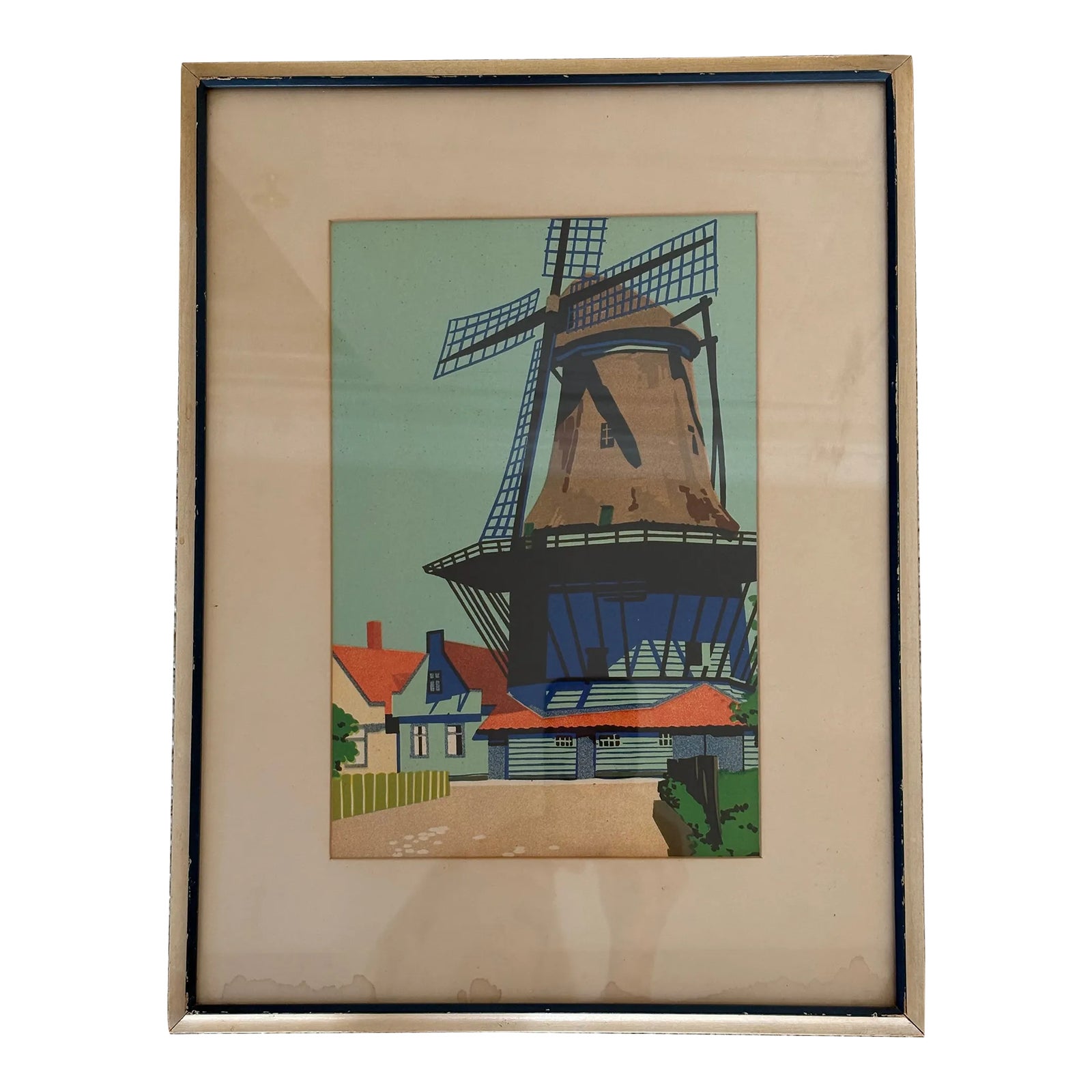 Mid 20th Century Hand-Tinted Windmill Print in Wpa Style | Chairish