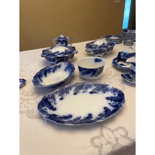 64 Piece Flow Blue Grindley 1886, England Argyle Pattern Dinnerware Set ...