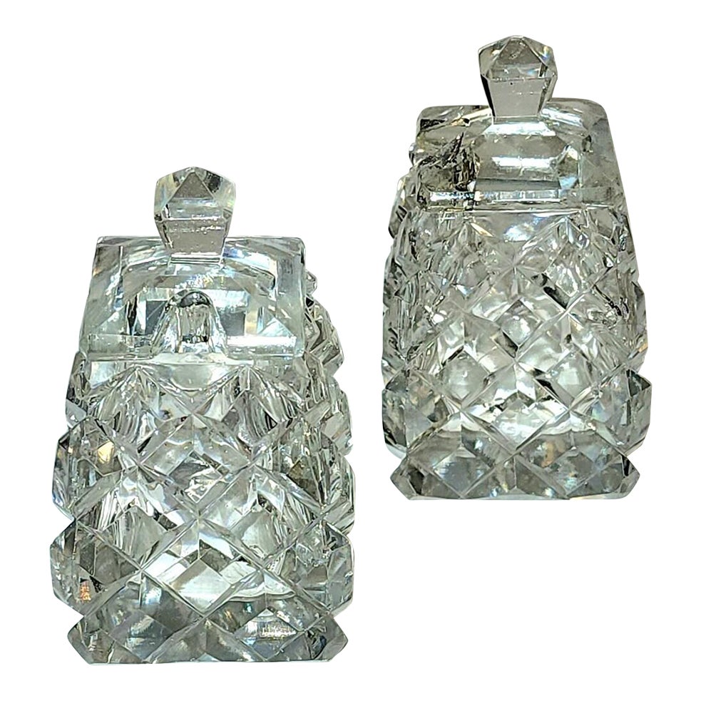 Diamond Cut Crystal Squared Lidded Condiments Honey Mustard Salt Pepper ...