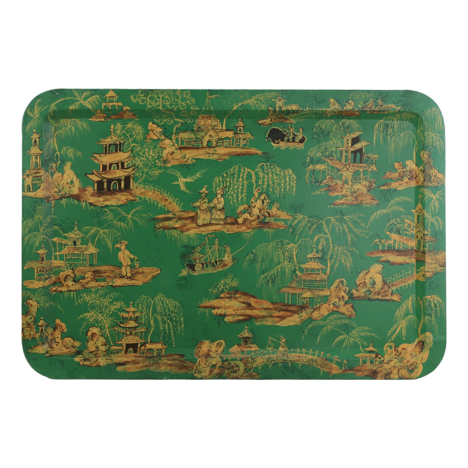 Vintage Hand Painted Chinoiserie Tole Tray Emerald Green and Gold ...