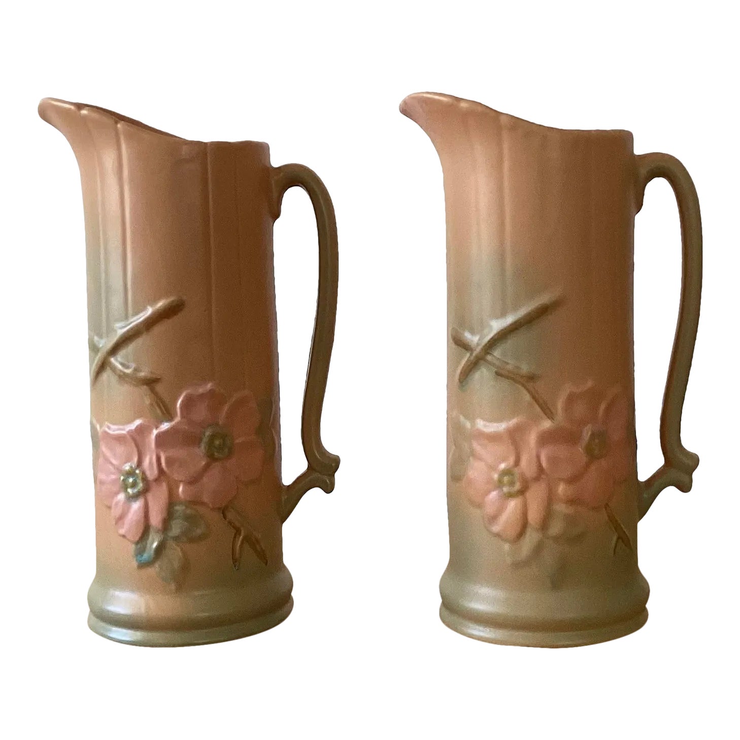 Weller Pottery Large Pink Floral Dogwood Blossom Pitcher Vases a Pair ...