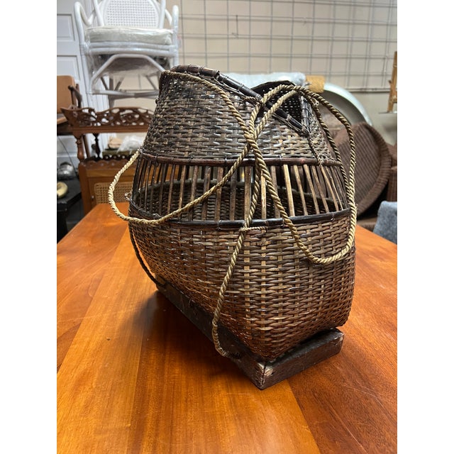 20th Century Rustic Asian Antique Bamboo Wicker Fish Basket | Chairish