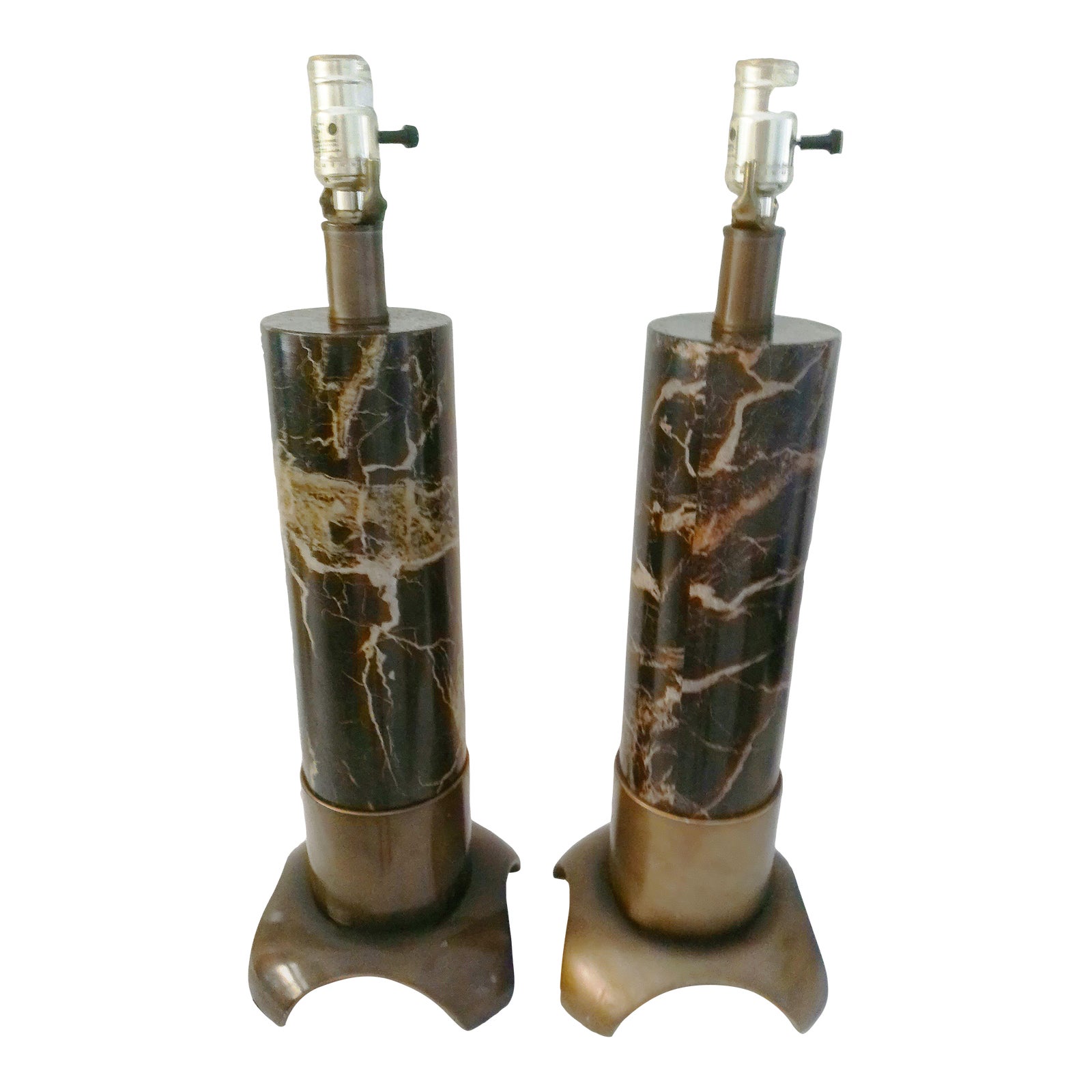 Vintage Black & Gold Faux Marble Cylinder Lamps, a Pair | Chairish