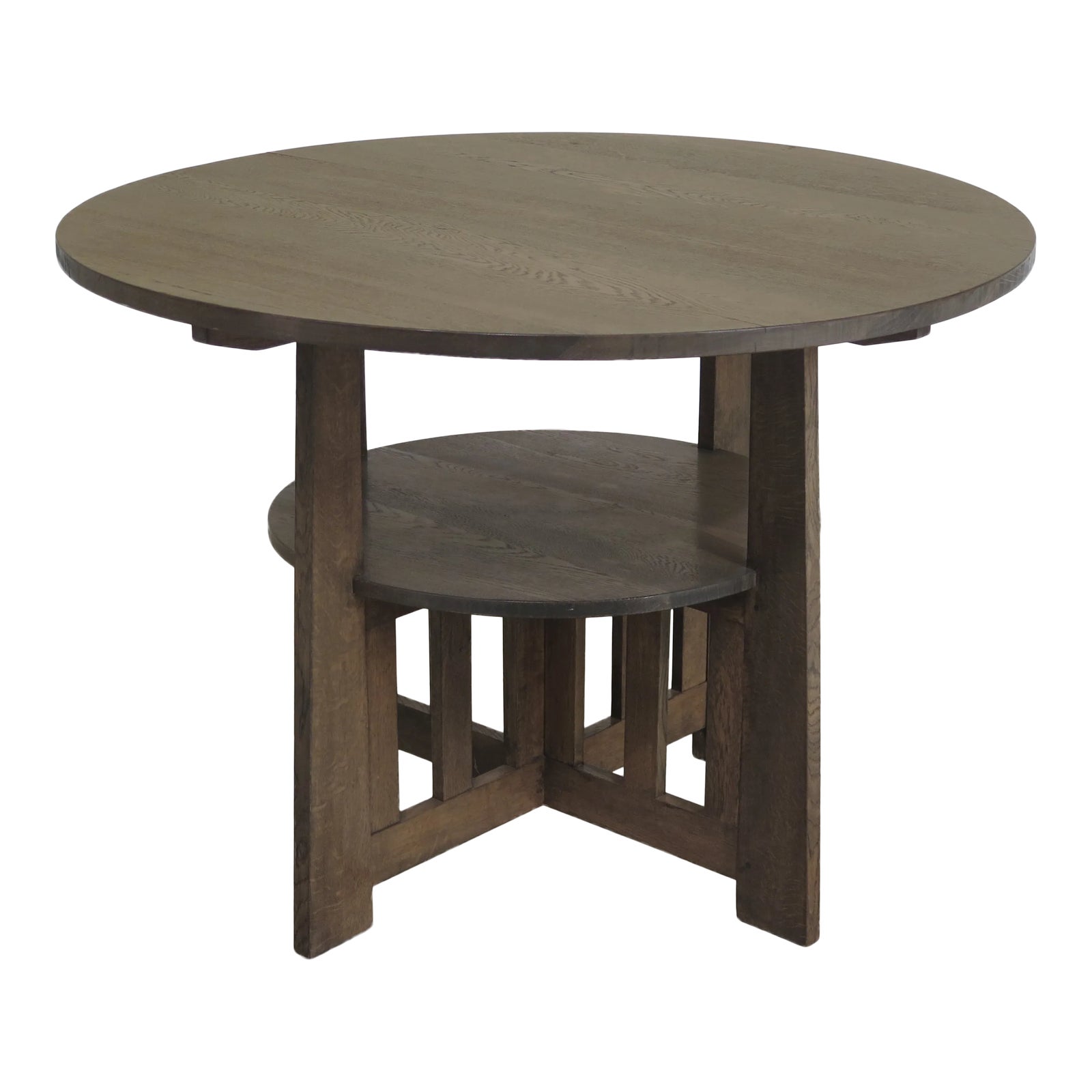 1990s Vintage Mission Oak Arts & Crafts Round Oak Table | Chairish