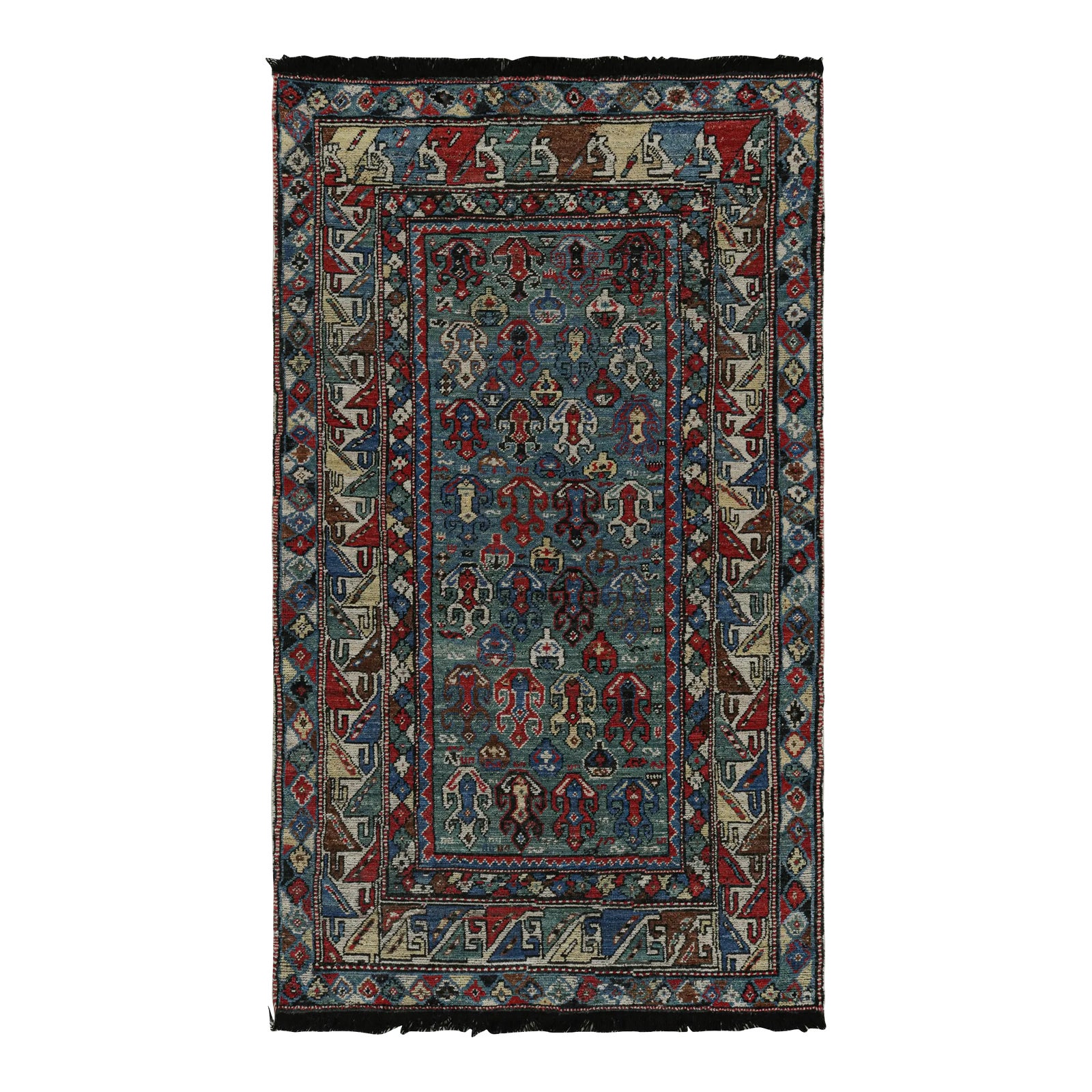 Rug & Kilim’s Tribal Style Rug in Green, Blue & Red Geometric Patterns ...