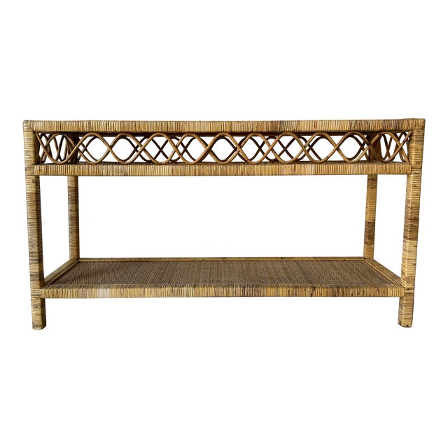Vintage Boho Chic Coastal Woven Rattan Two - Tier Console Table | Chairish